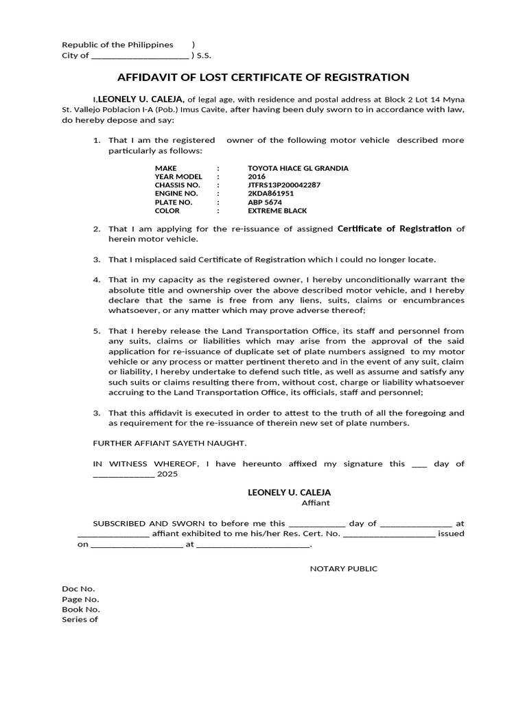 Affidavit of Lost CR | PDF | Affidavit | Practice Of Law