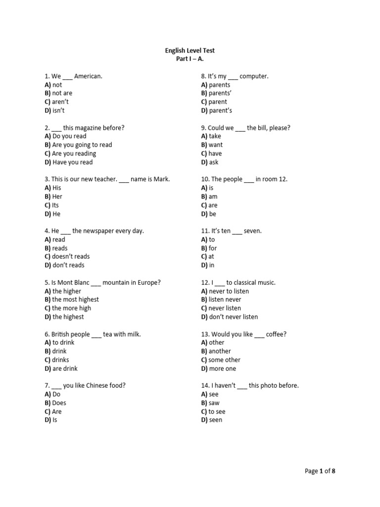 English Level Test for Proficiency Assessment | PDF | Weather