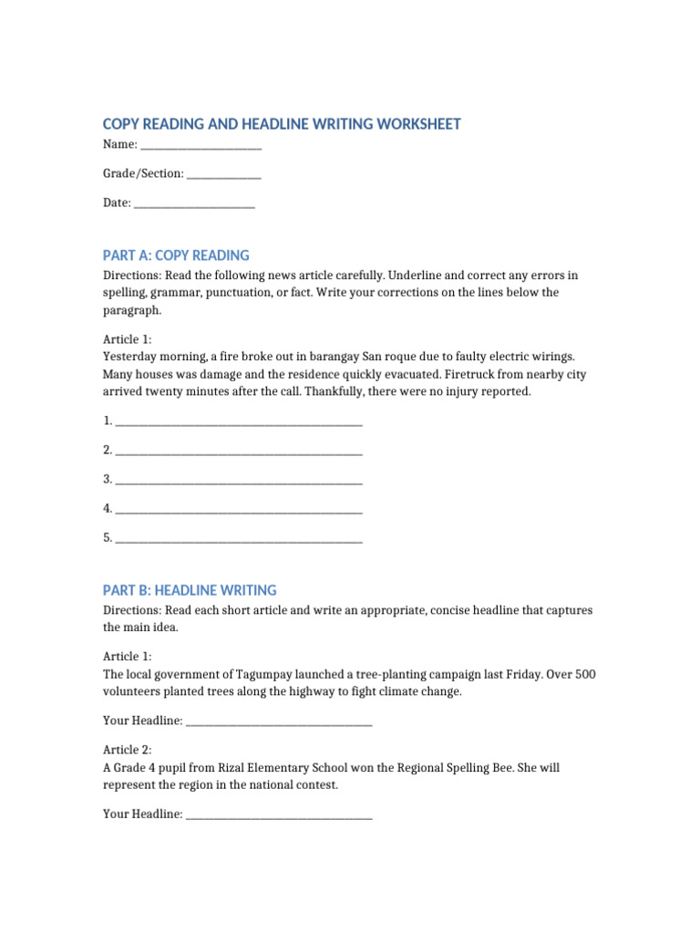 Copy Reading and Headline Writing Worksheet | PDF