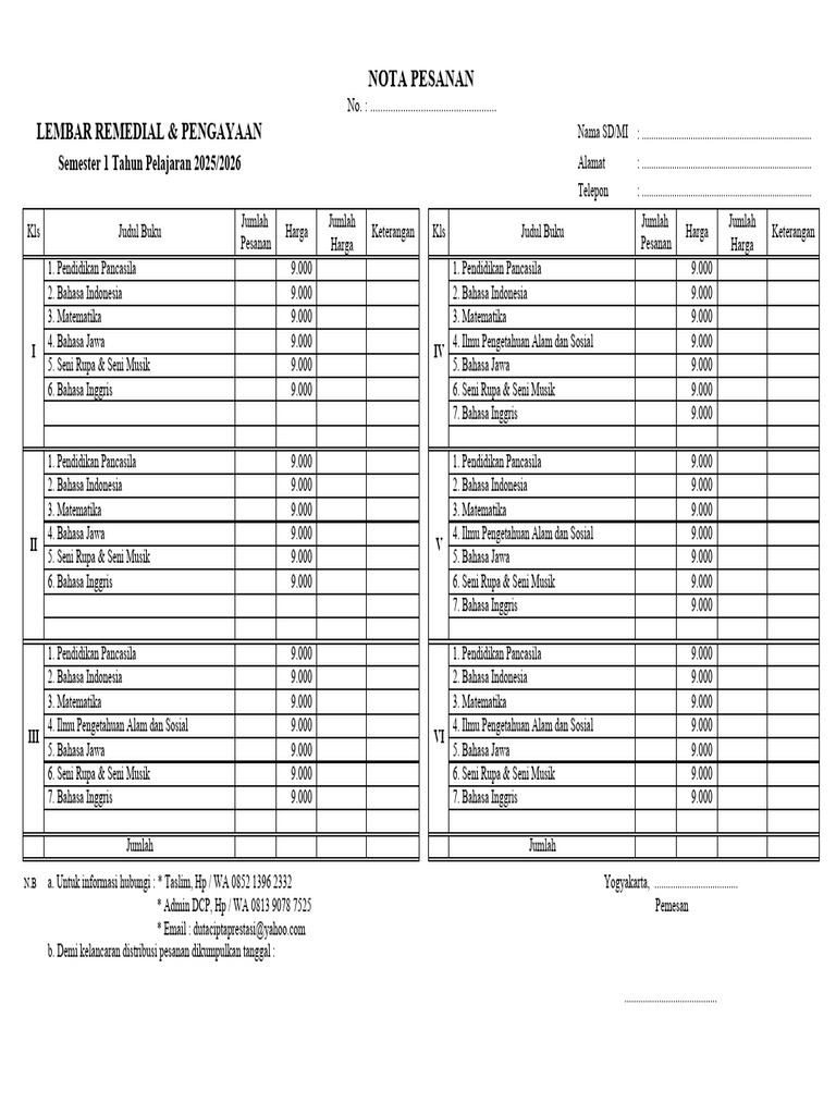 Nota Pesanan Remedial Sem 1 25-26 | PDF