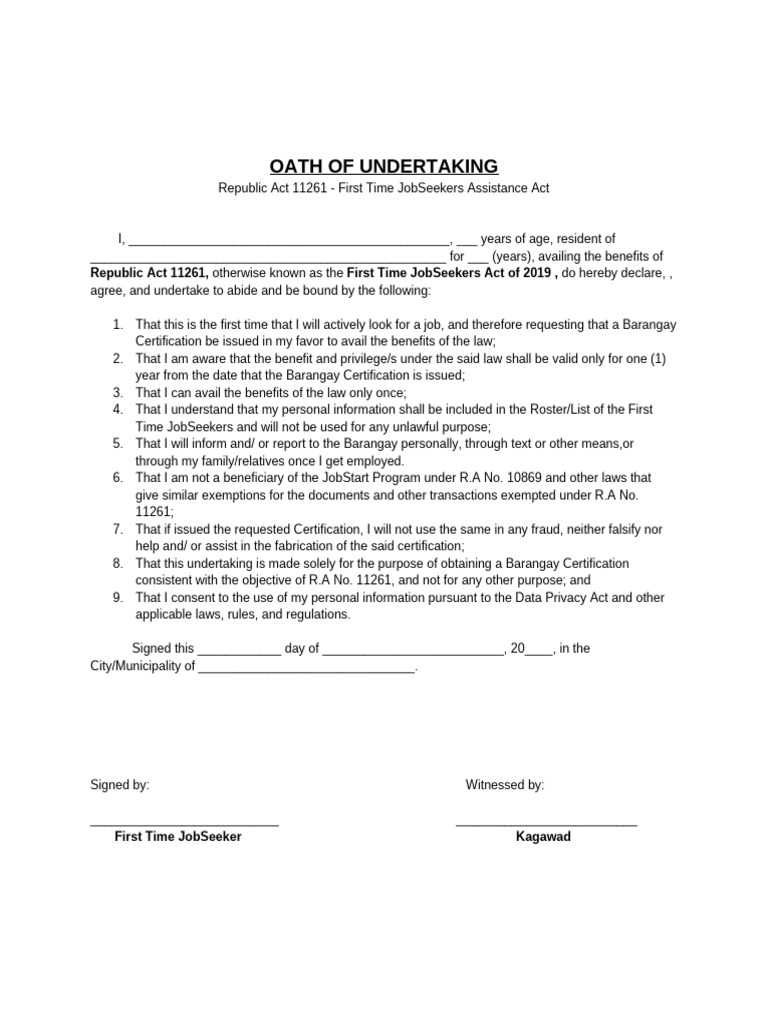 Oath of Undertaking Template | PDF | Justice | Crime & Violence