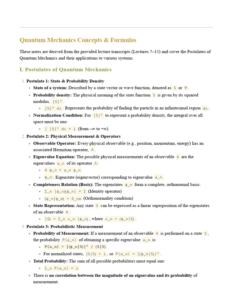 Quantum Mechanics Concepts & Formulas | PDF | Wave Function | Quantum Mechanics