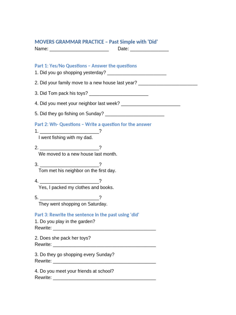 Movers Grammar DID Practice | PDF