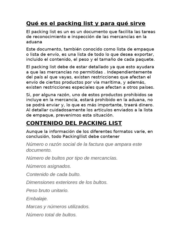 Qué es y para qué sirve el packing list | PDF