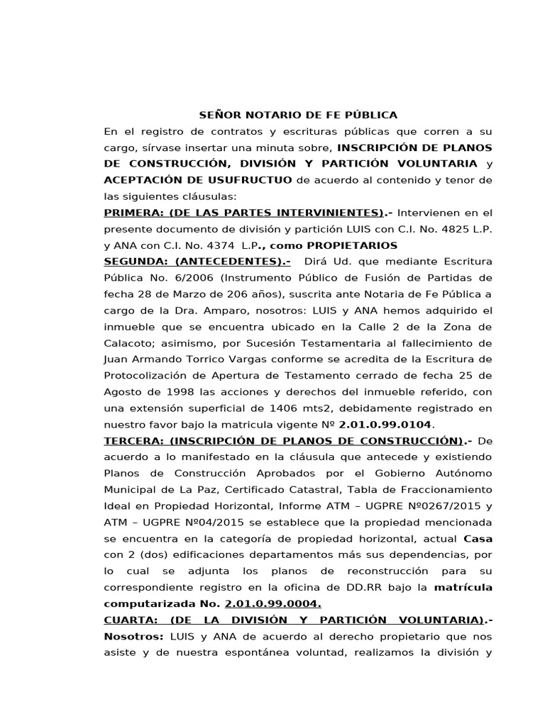 Minuta de División y Partición Inmueble | PDF | Ley común | Derecho ...