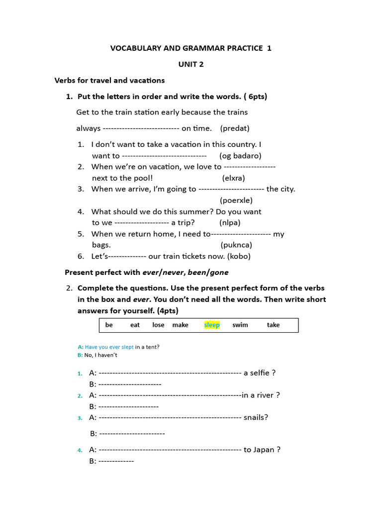Travel Vocabulary and Grammar Practice | PDF
