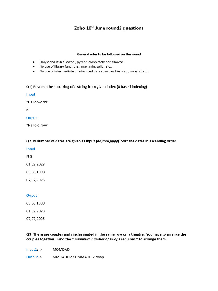 Zoho 10th June Round2 Questions | PDF | Matrix (Mathematics) | Algorithms