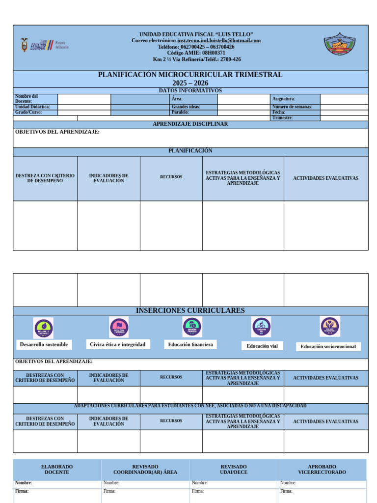 Formato Planificaciòn Microcurricular 2025-2026 | PDF | Enseñando | Aprendizaje