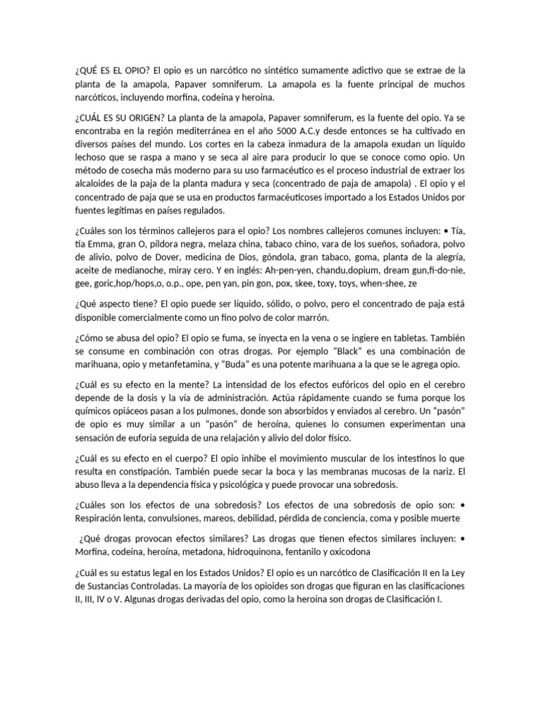 Qué Es El Opio y Sus Caracteristicas Efectos | PDF | Drogas | Heroína