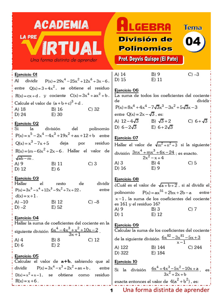 División de Polinomios con Residuo | PDF | División (Matemáticas ...