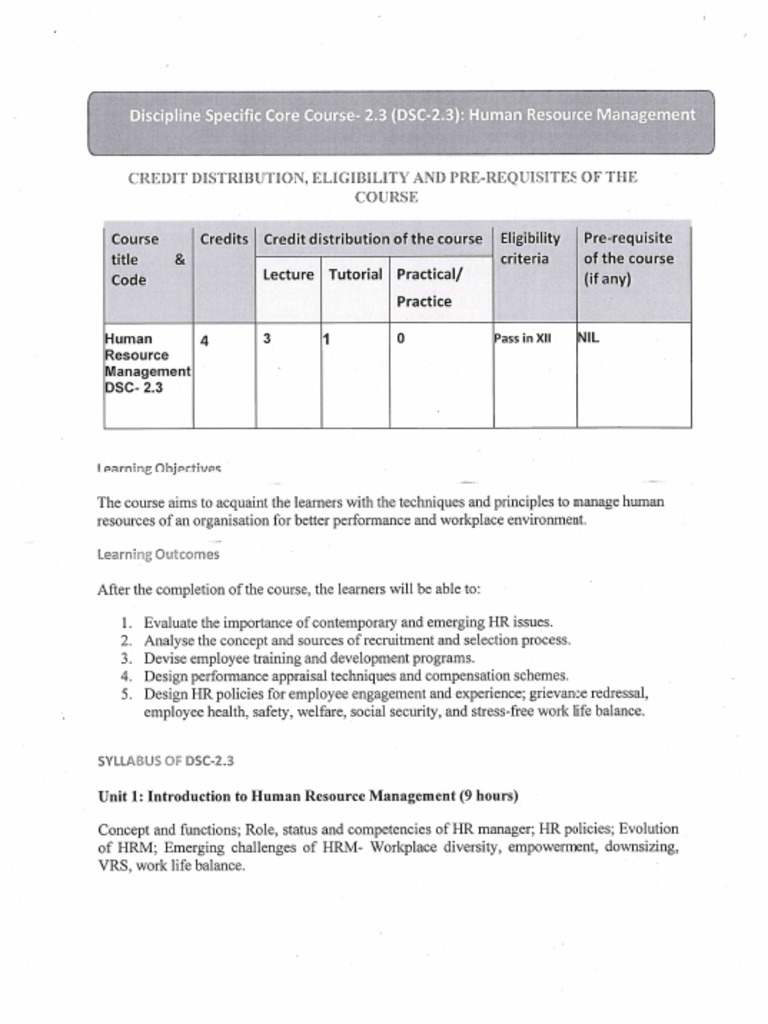 Bcom (H) Human Resource Management Syllabus II Sem DU NEP | PDF