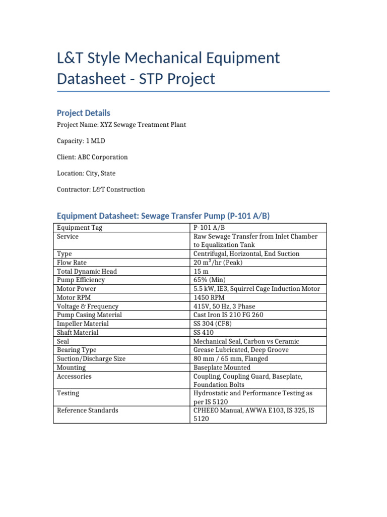 STP Project Mechanical Equipment Datasheet | PDF