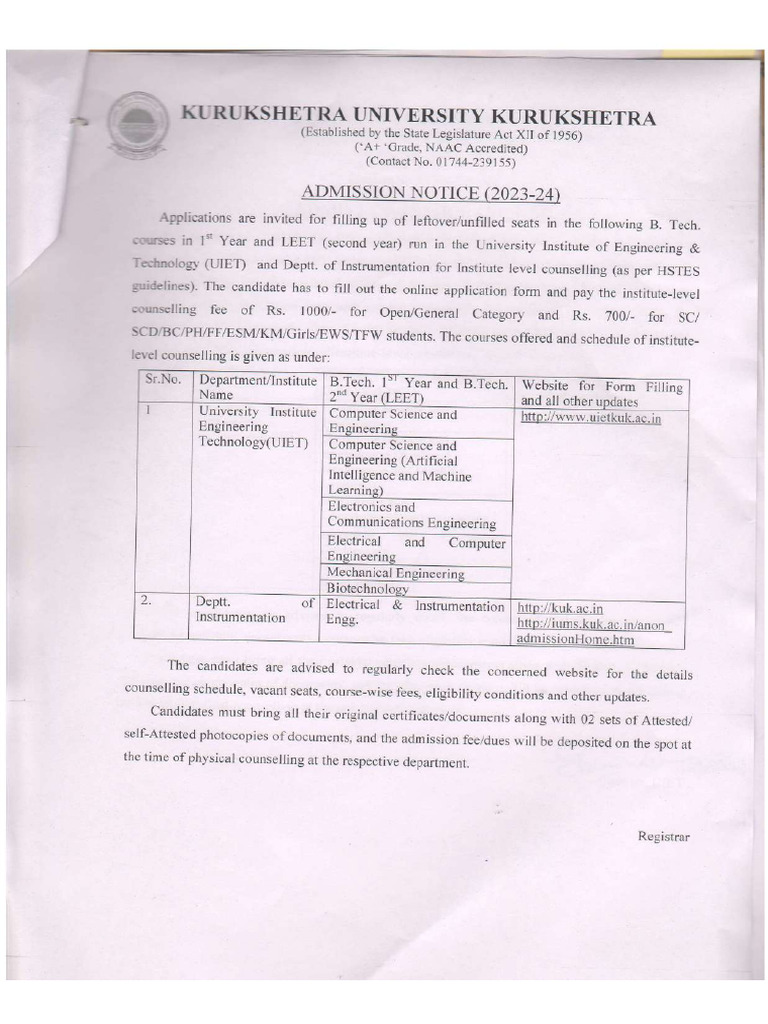 Admission Notice BTech | PDF