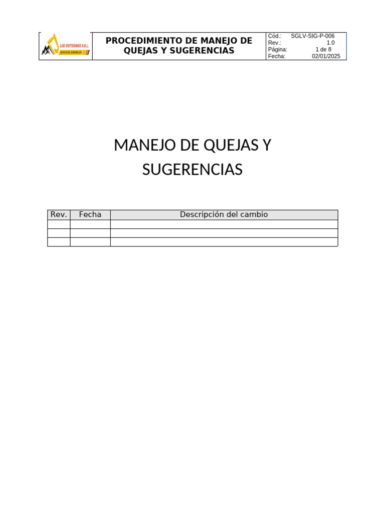 SGLV-SIG-P-006 Manejo de Quejas y Sugerencias | PDF