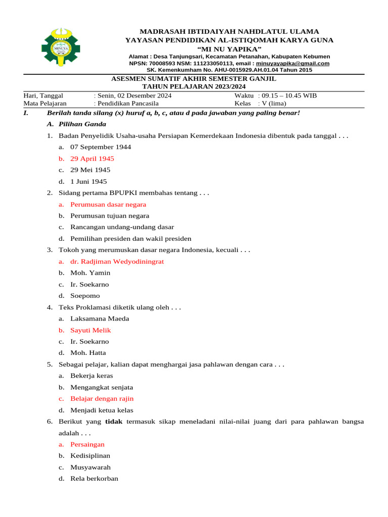 Kunci ASAS Gasal Kls V - Pen Pancasila | PDF