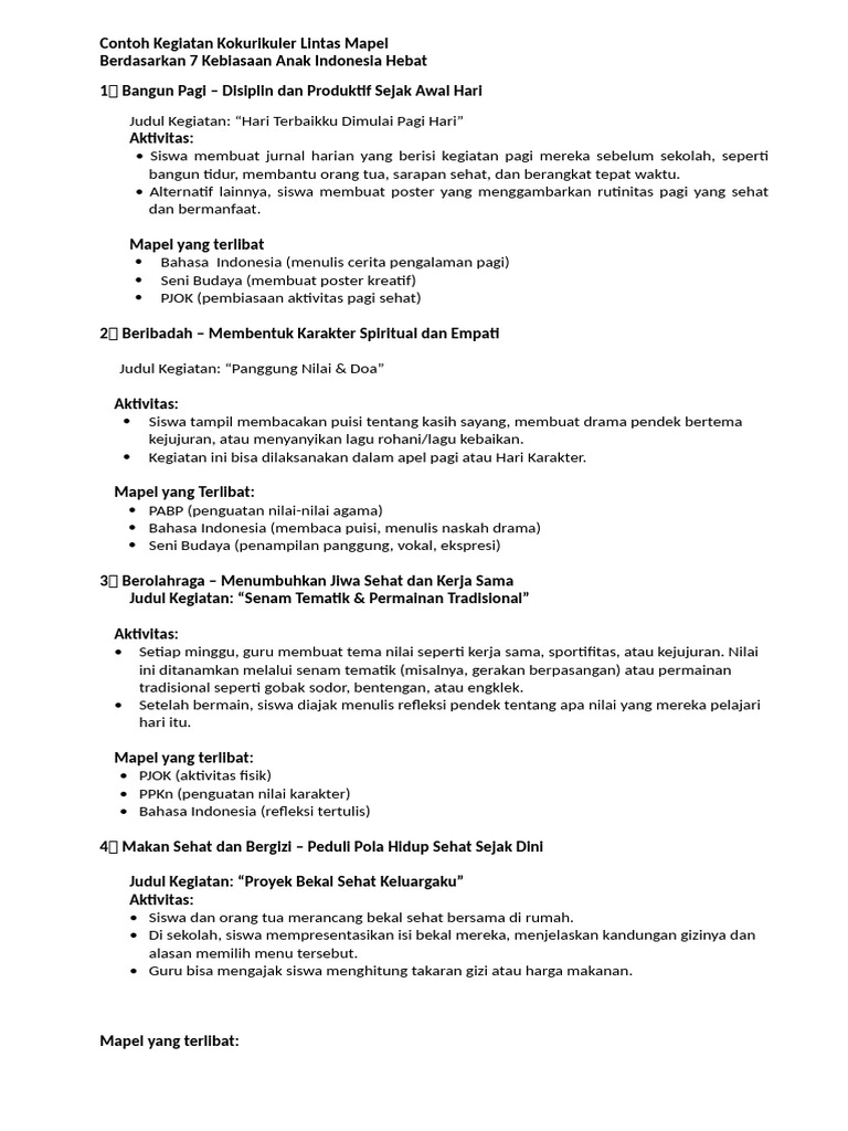Contoh Kegiatan Kokurikuler Lintas Mapel | PDF