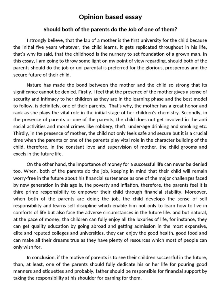 IELTS Opinion Based Essay - Should Both Parents Do The Job or One of ...