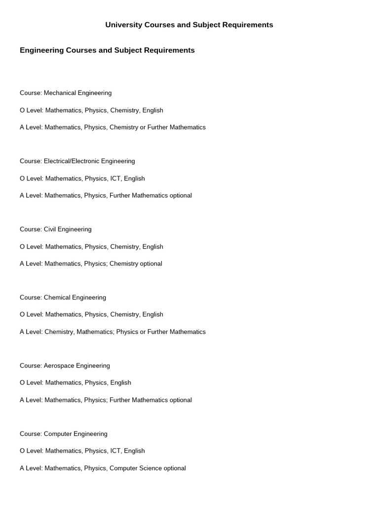 Engineering Course Requirements Overview | PDF | Engineering | Chemistry
