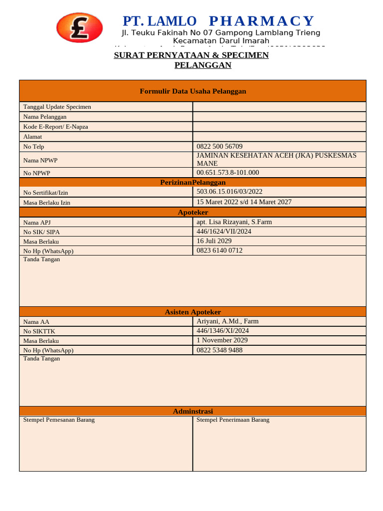 Surat Pernyataan Pelanggan PT Lamlo Pharmacy | PDF