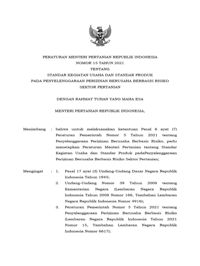 Peraturan Menteri Pertanian Nomor 15 Tahun 2021 Tentang Standar Kegiatan Usaha Dan Standar ...