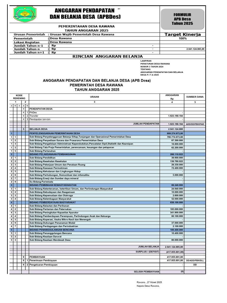 Contoh Baliho APBDes 2025 Desa Rawana | PDF