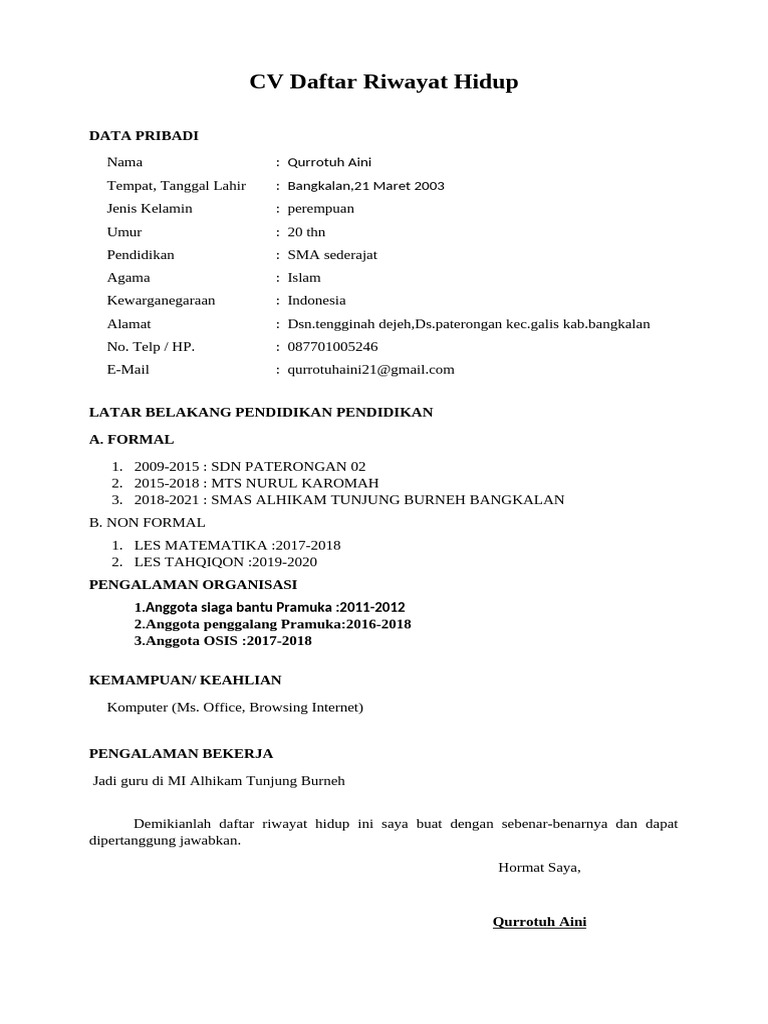 CV Qurrotuh Aini | PDF