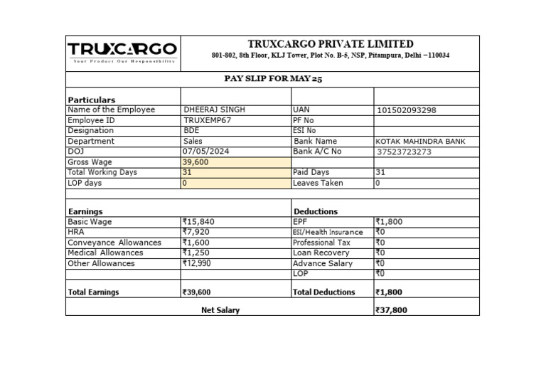 Dheeraj Pay Slip - May 2025 | PDF