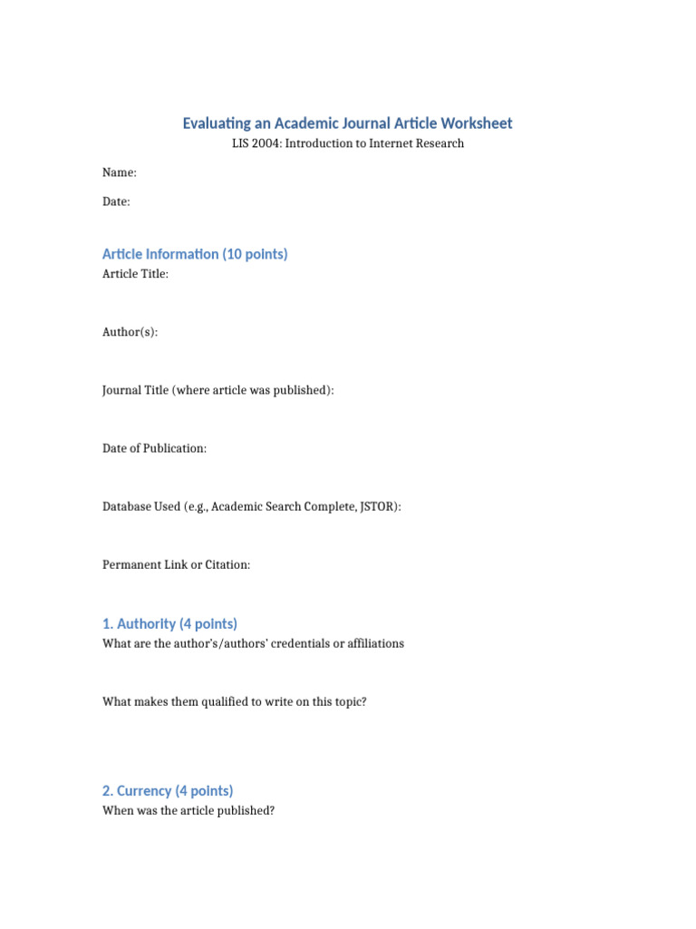 Library Database Evaluation Worksheet | PDF