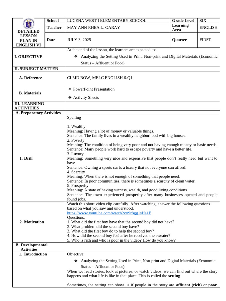 ANALYZING SETTING (Economic Status - Affluent or Poor) | PDF