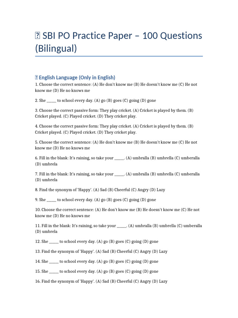 SBI PO Practice Paper 100 Questions | PDF | Umbrella | Chess Openings
