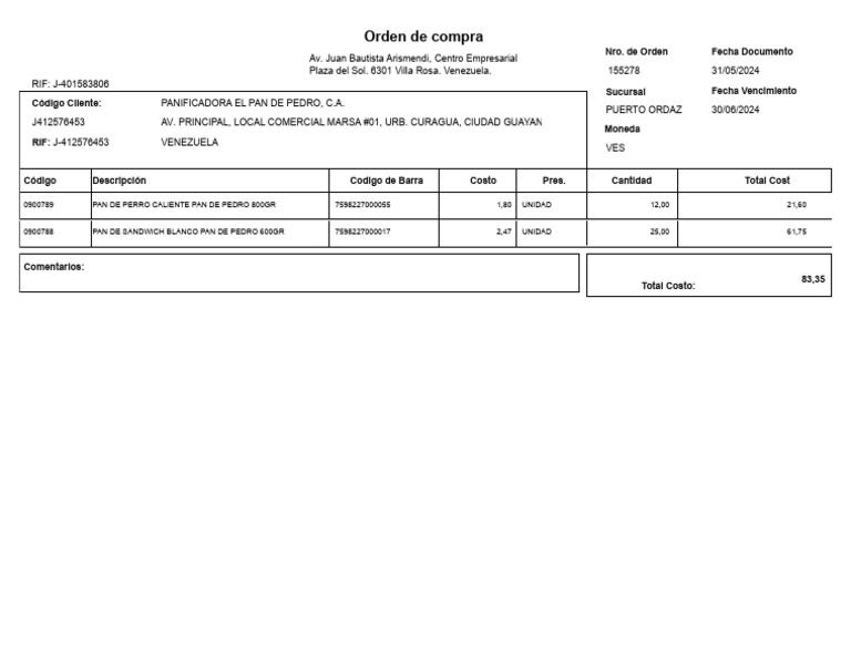 Orden de Compra: Pan de Pedro C.A. | PDF