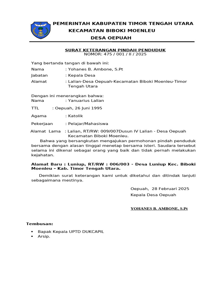 Surat Keterangan Pindah Penduduk | PDF