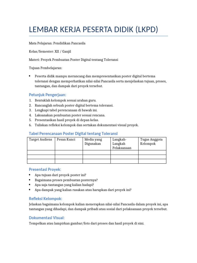 LKPD Proyek Poster Toleransi Pancasila | PDF