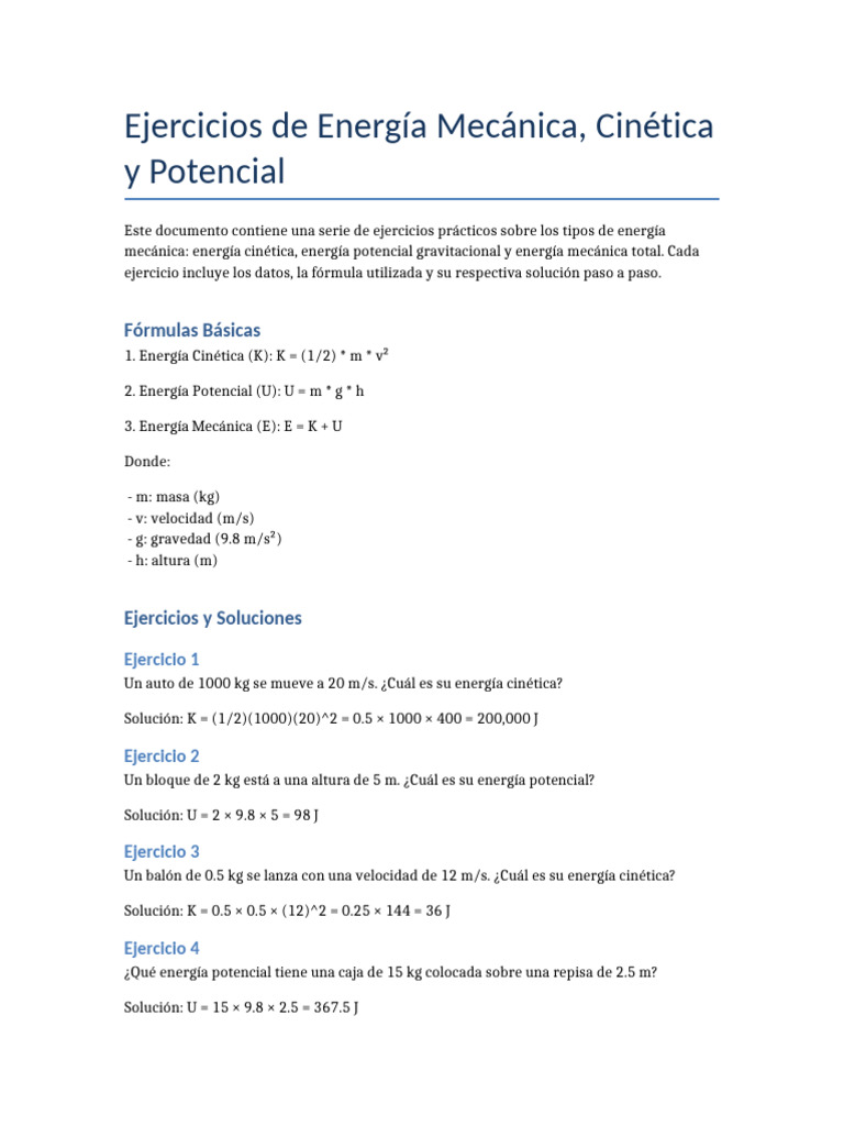 Ejercicios de Energía Mecánica Resueltos | PDF | Energía cinética ...