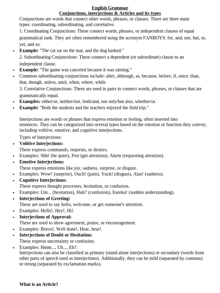 English Grammar: Conjunctions, Interjections, Articles | PDF ...