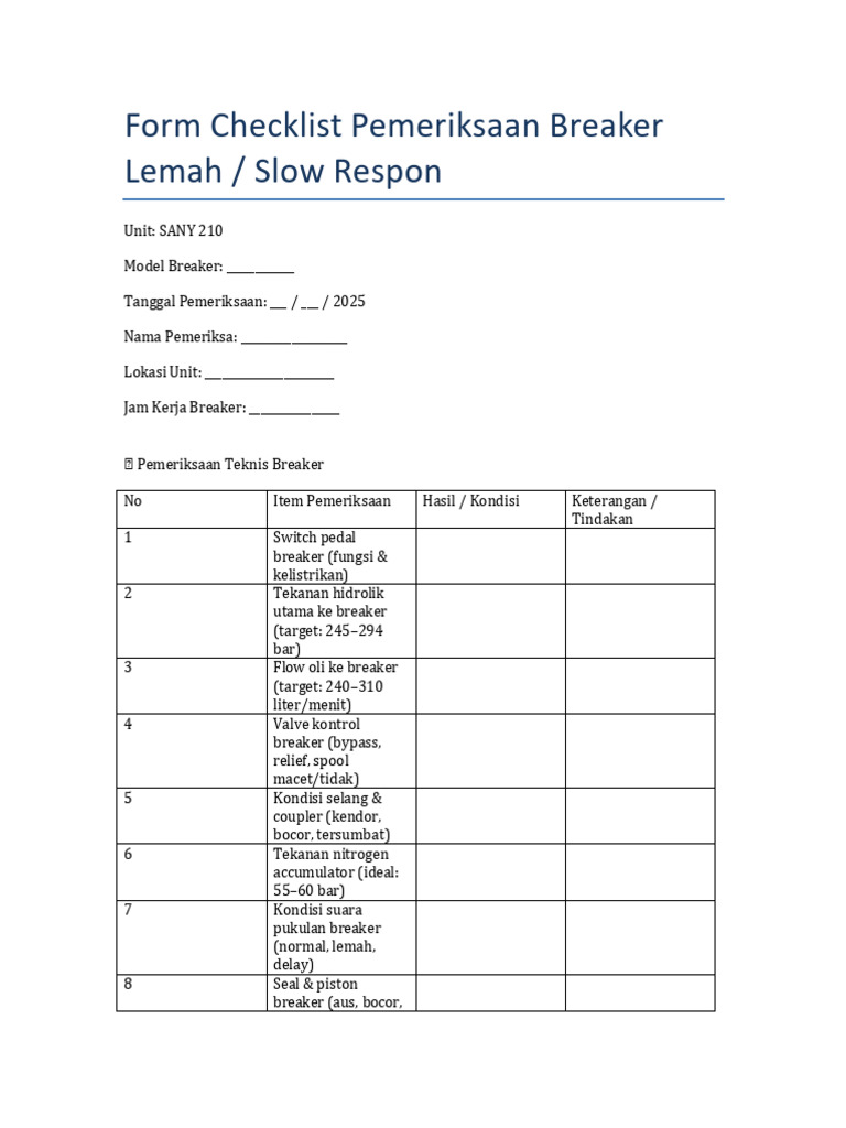 Form Checklist Pemeriksaan Breaker Lemah SANY210 Lengkap | PDF