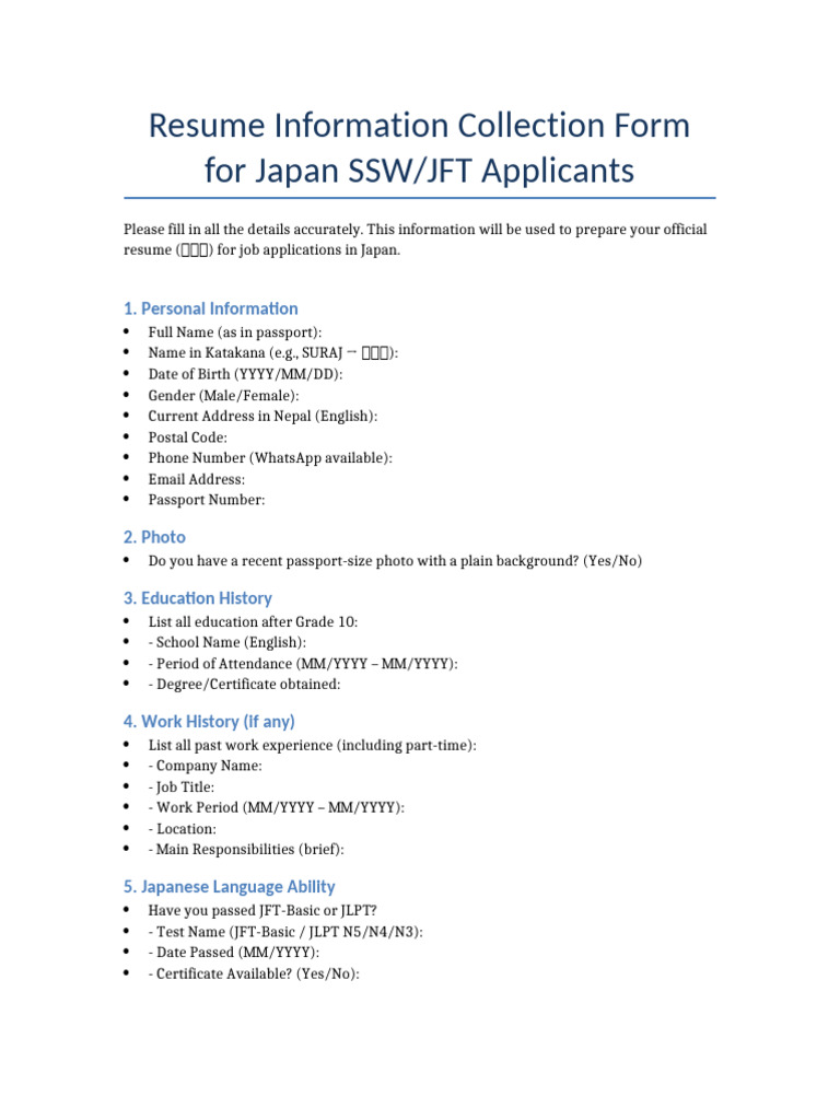 Resume Information Form SSW JFT | PDF