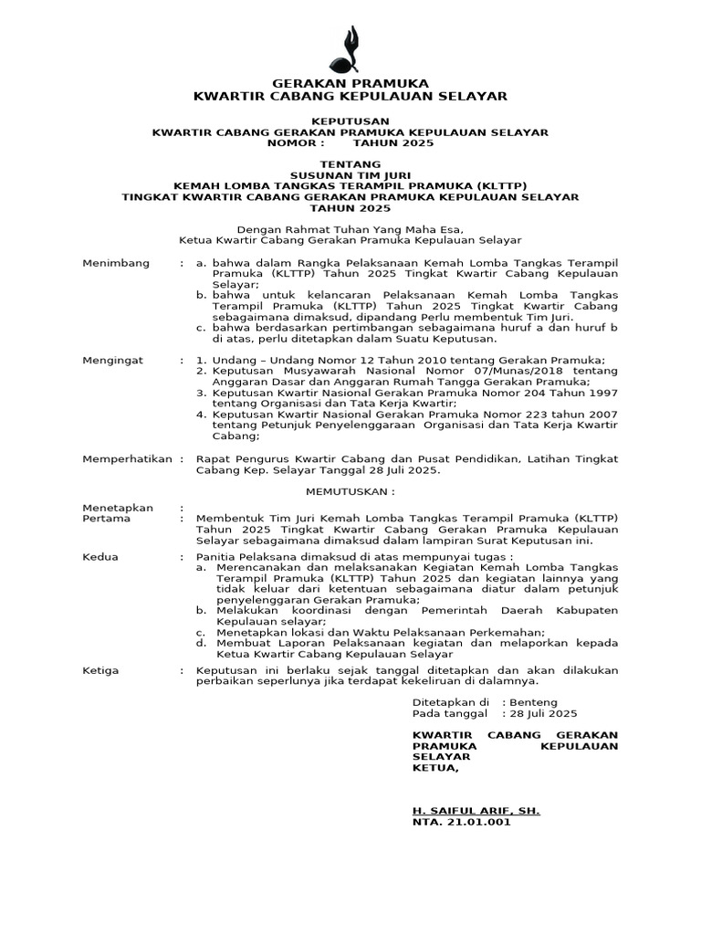 Tim Juri KLTTP Pramuka Selayar 2025 | PDF