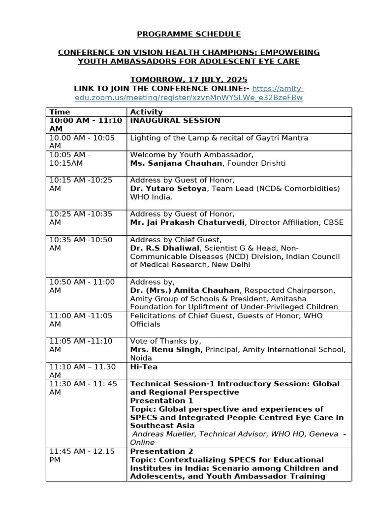Schedule - Conference On Vision in Children Workshop Amity University ...