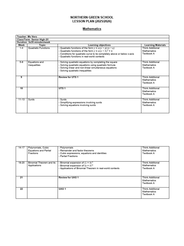 Senior High Math Lesson Plan 2025-2026 | PDF | Equations | Quadratic ...
