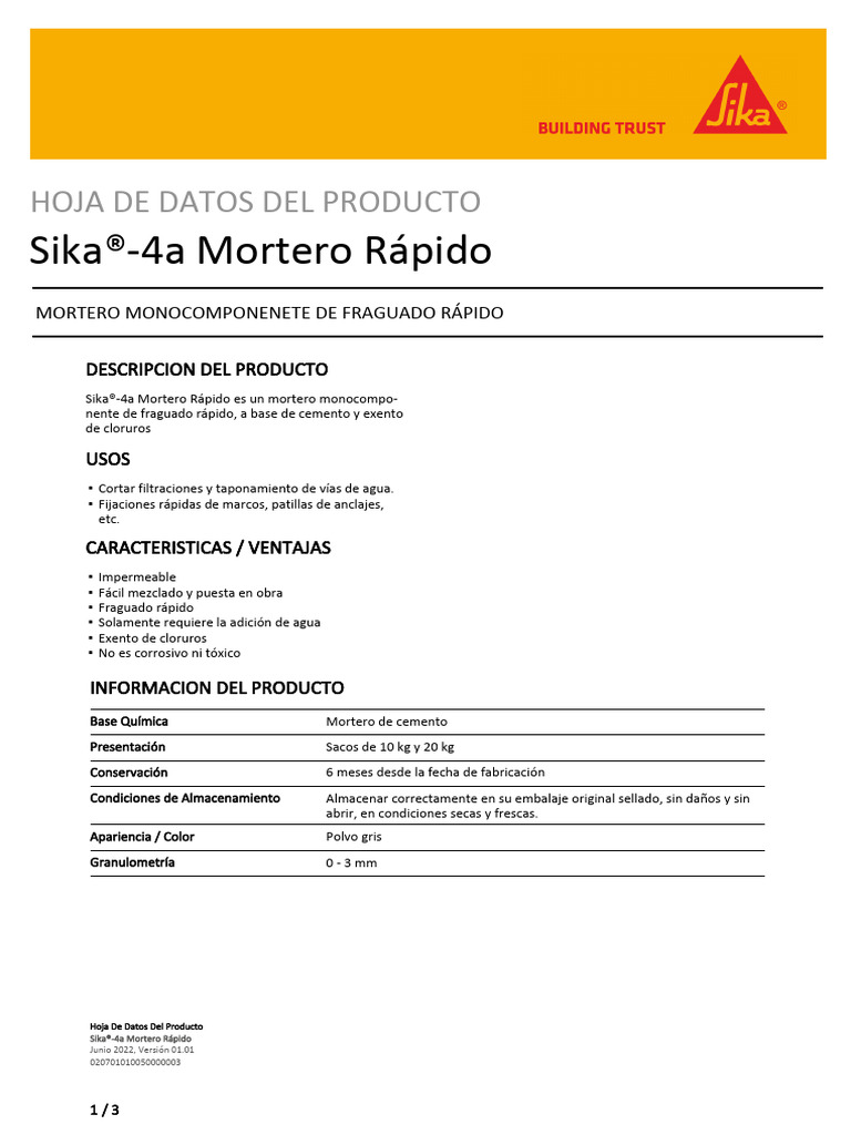 Sika 4a Morterorapido | PDF | Mortero (Albañilería) | Cemento