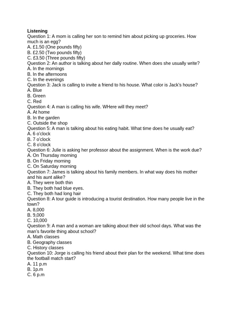 Listening Comprehension Practice Questions | PDF | Human Communication