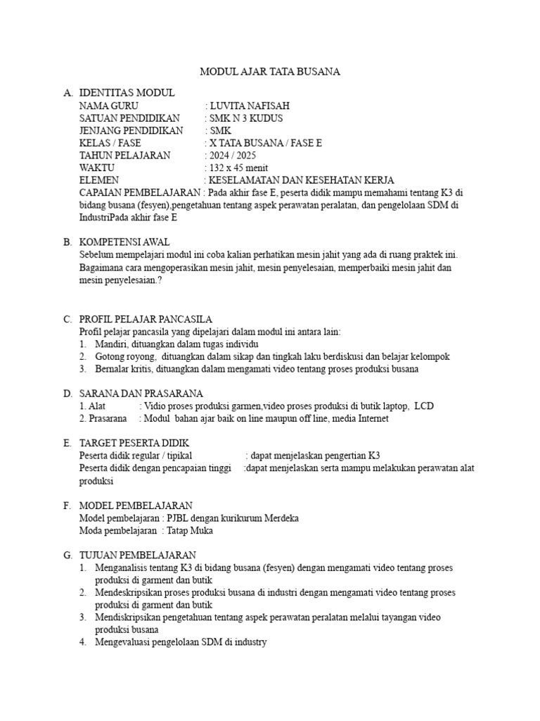 Modul Ajar Tata Busana - Luvita Nafisah | PDF