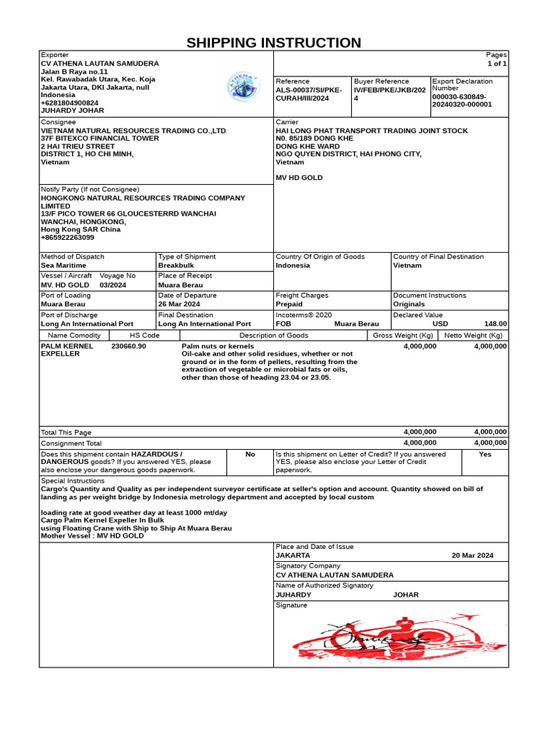 Shipping Instructions for Palm Kernel Export | PDF | Cargo | Supply ...