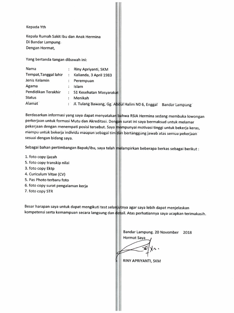 Lamaran Riny Apriyani | PDF