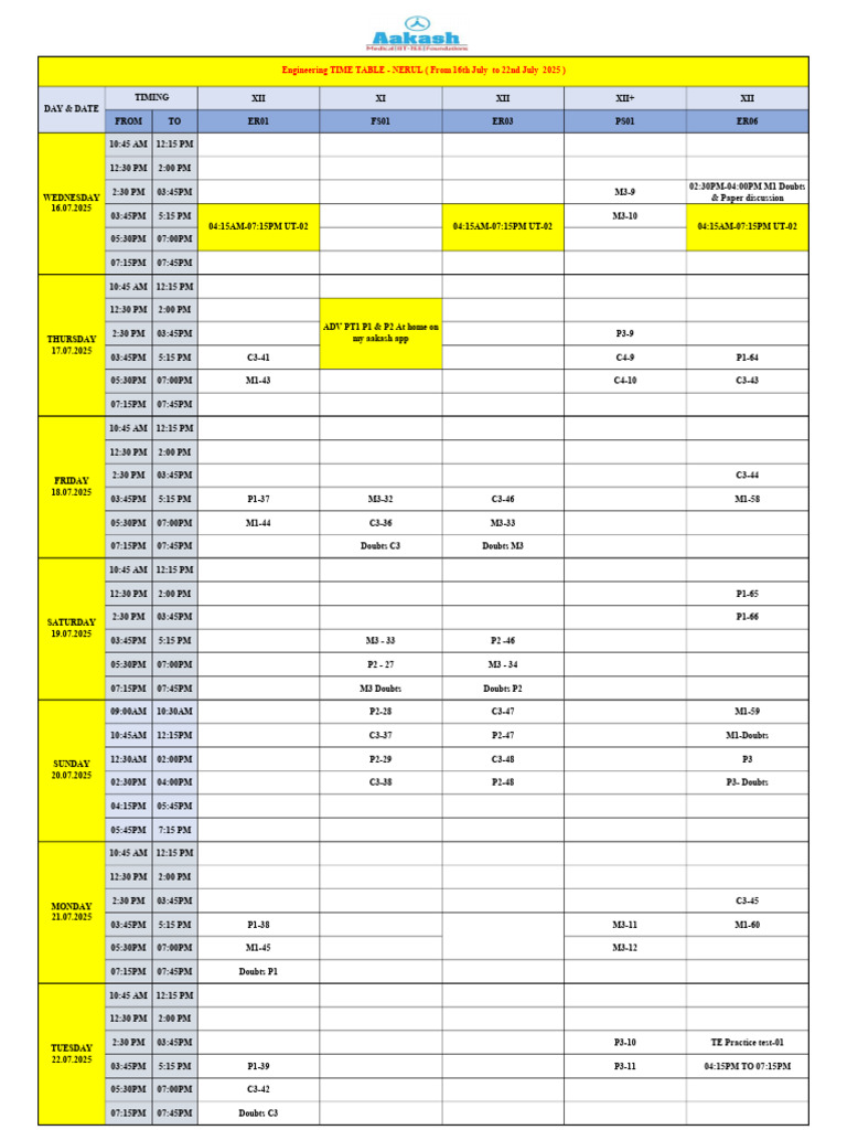 NERUL - ENG. - NON - INT - TIME TABLE 16-07-2025 To 22-07-2025 | PDF