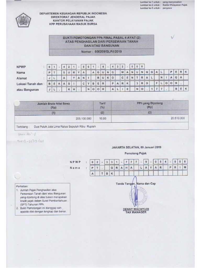 Bupot PT - Graha Layar Prima 2019-01 0209 | PDF