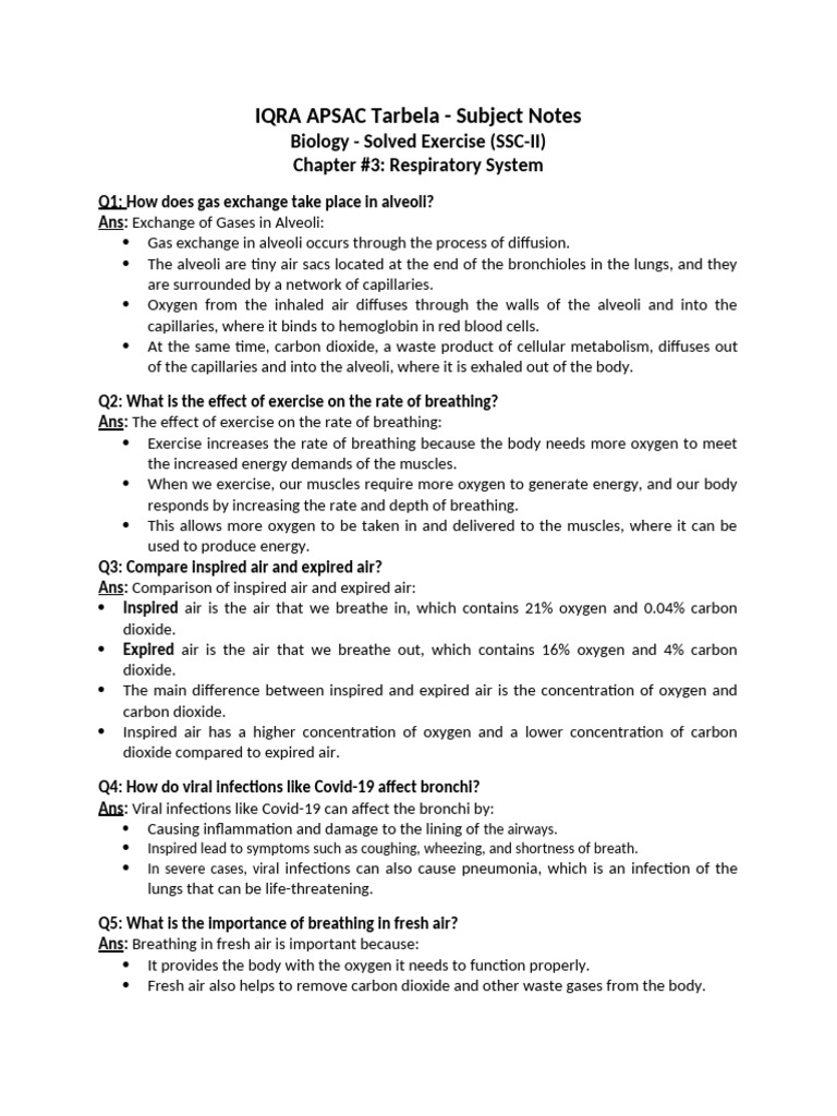 BIO Solved Exercise CH.3 Respiratory System SSC-II | PDF | Breathing | Lung
