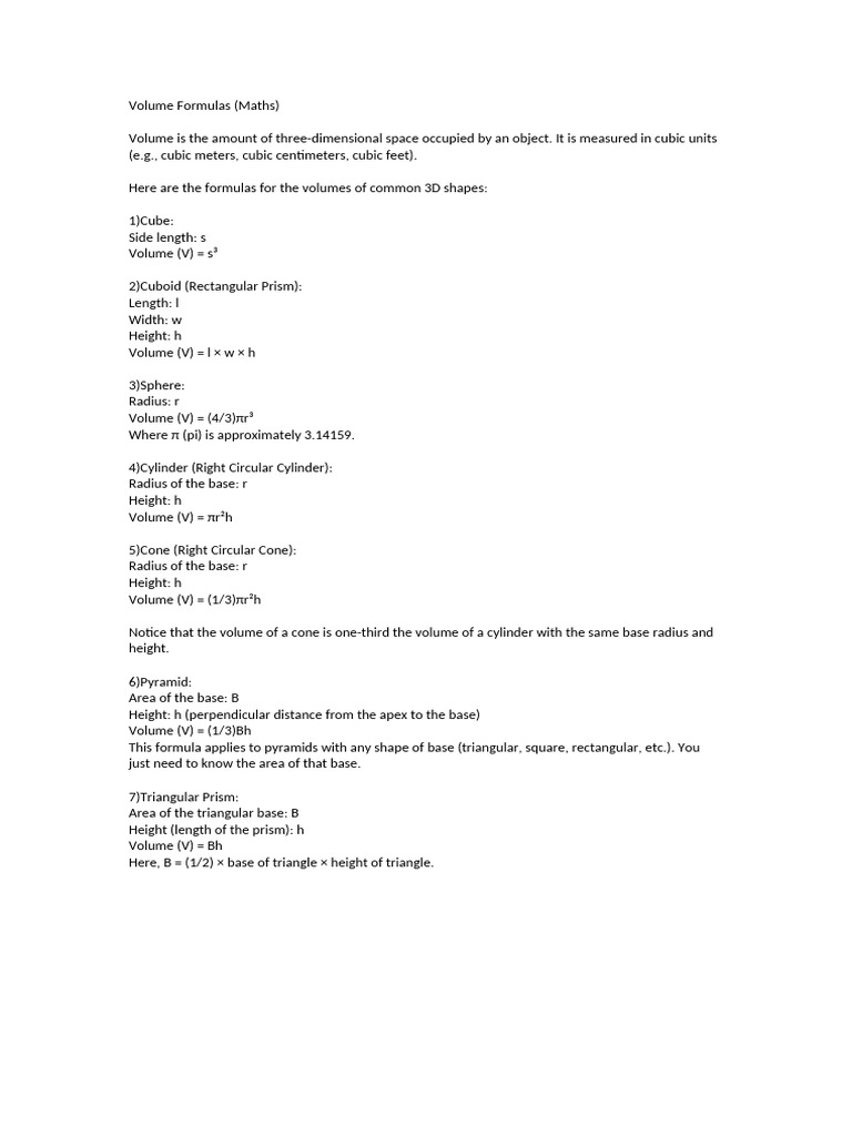 Volume Formulas for 3D Shapes | PDF | Volume | Area
