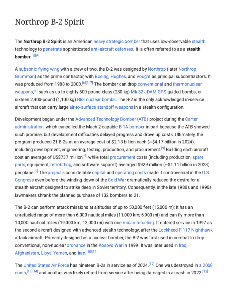 Northrop B-2 Spirit - Wikipedia | PDF | Aviation | Military Technology